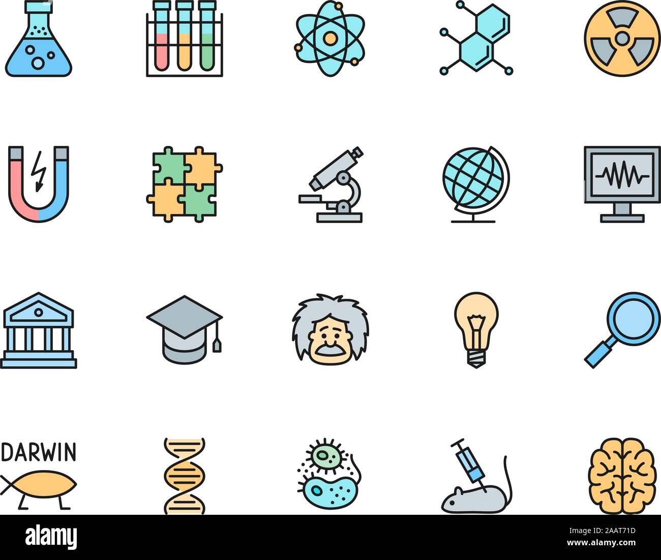 Set of Science Color Line Icons. School Globe, Evolution, DNA, Bacteria ...
