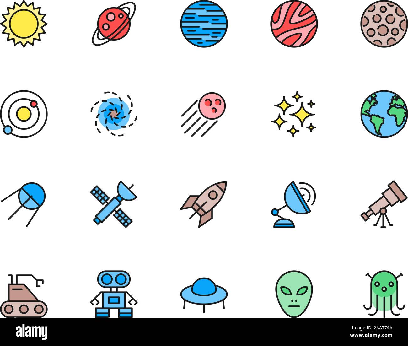 Set of Astronomy and Space Color Line Icons. Sun, Solar System, Galaxy ...