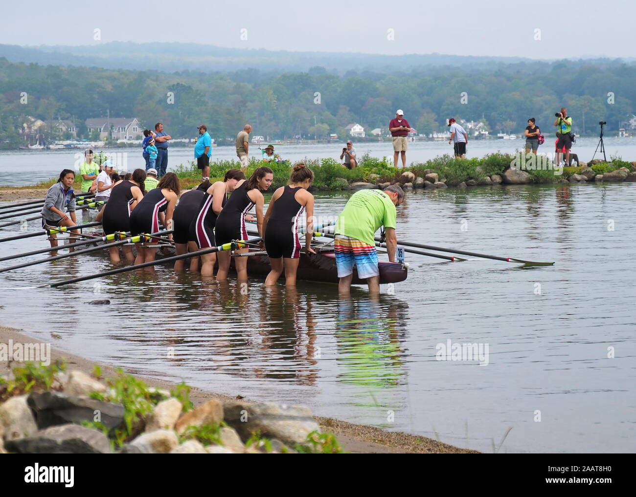 East Hampton, CT USA. Sep 2017. Racing Crew teams doing a wet launch ...
