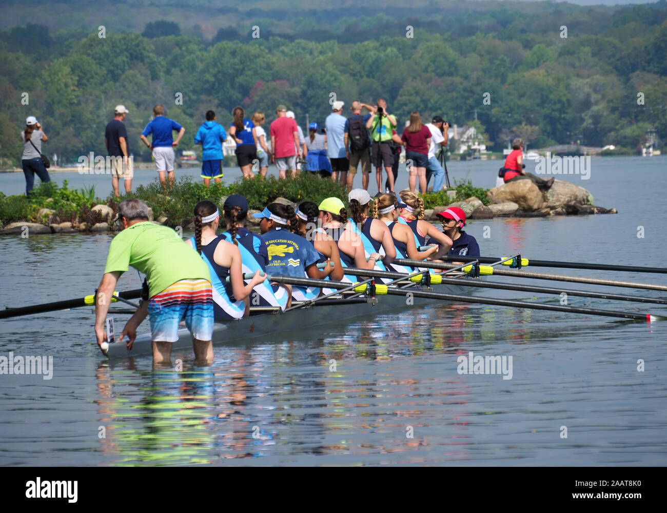 East Hampton, CT USA. Sep 2017. Racing Crew teams doing a wet launch ...