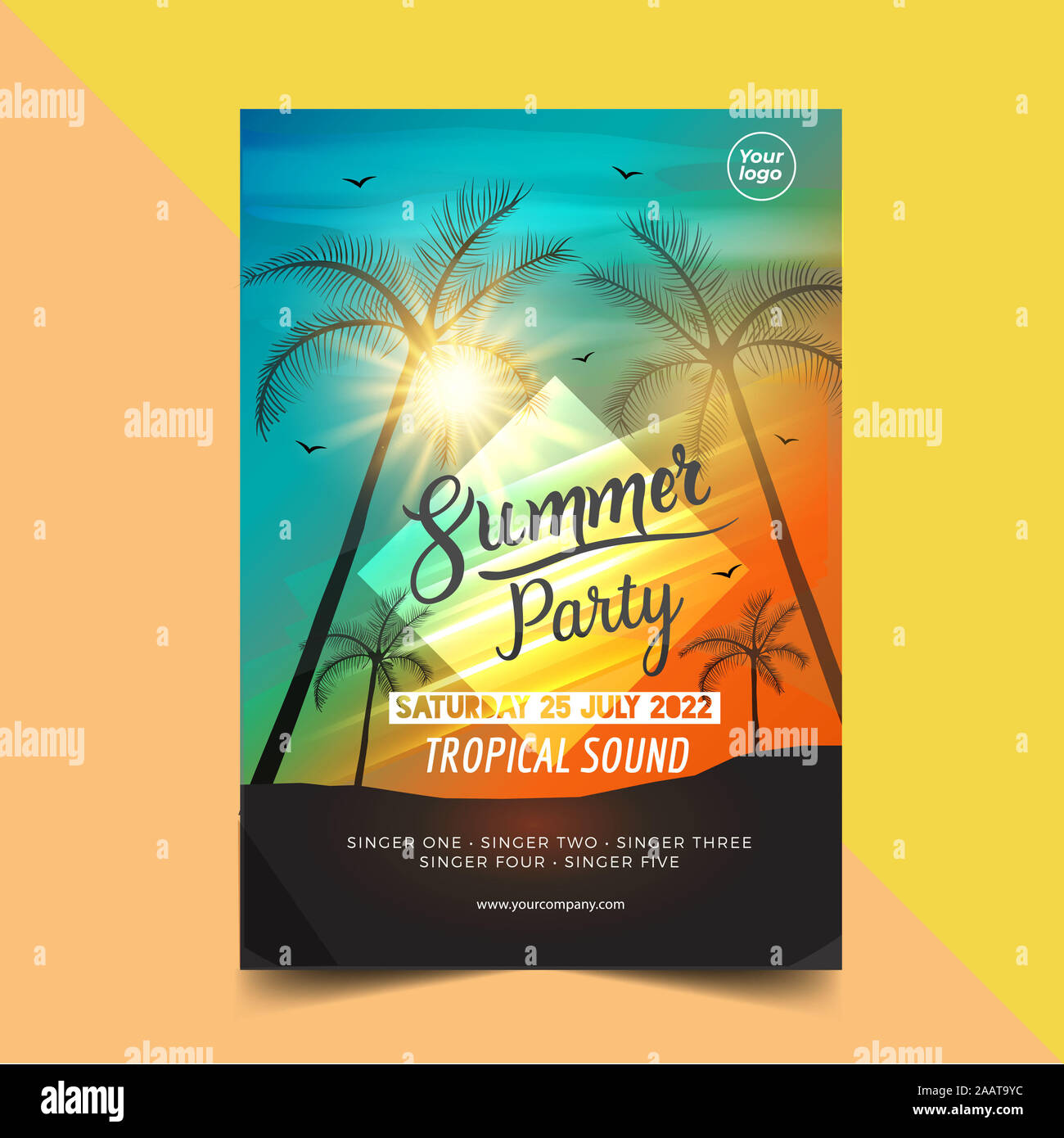 Summer time party poster design template with palms trees silhouettes ...