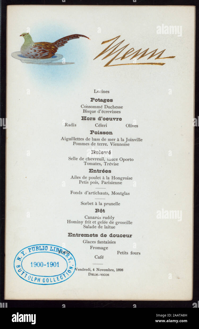 DINNER) (held by) - (at) DELMONICO'S, NEW YORK, NY (HOTEL) MENU IN ...