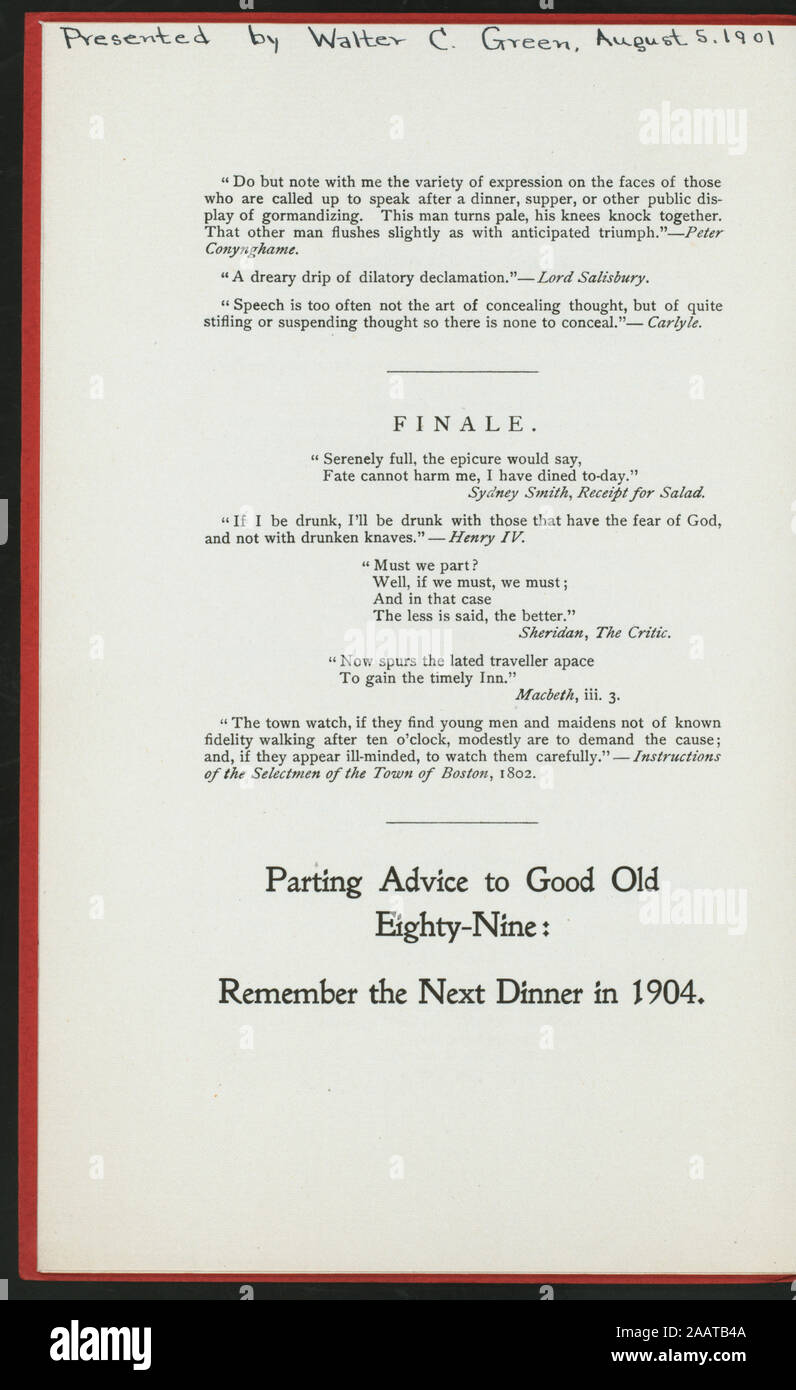DINNER,FOURTH TRIENNIAL (held by) CLASS OF 1889 HARVARD (at) HOTEL ...
