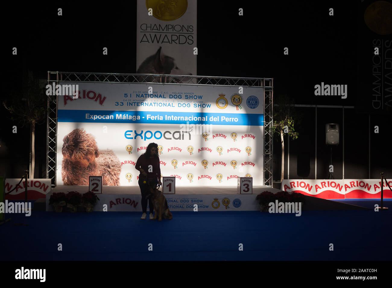 A handler on stage with her dog during the Fair.The XXXIII National and ...