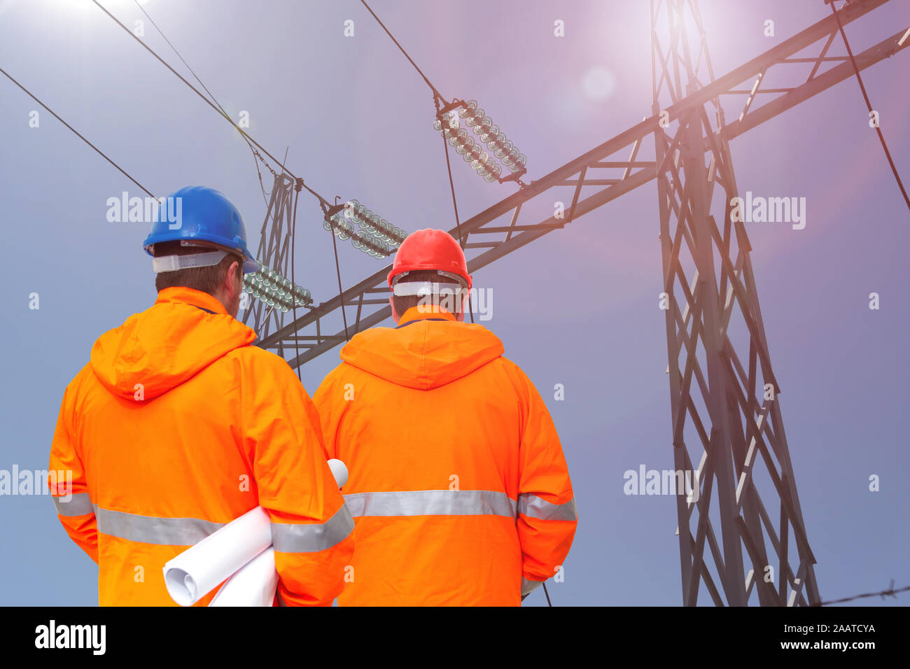 Two electrical engineers in substation, back view Stock Photo - Alamy
