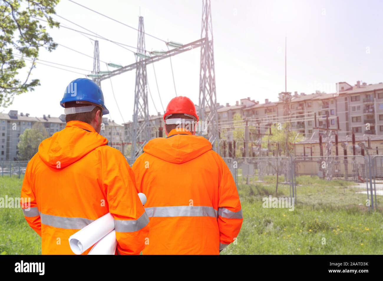 Two electrical engineers in substation, back view Stock Photo - Alamy
