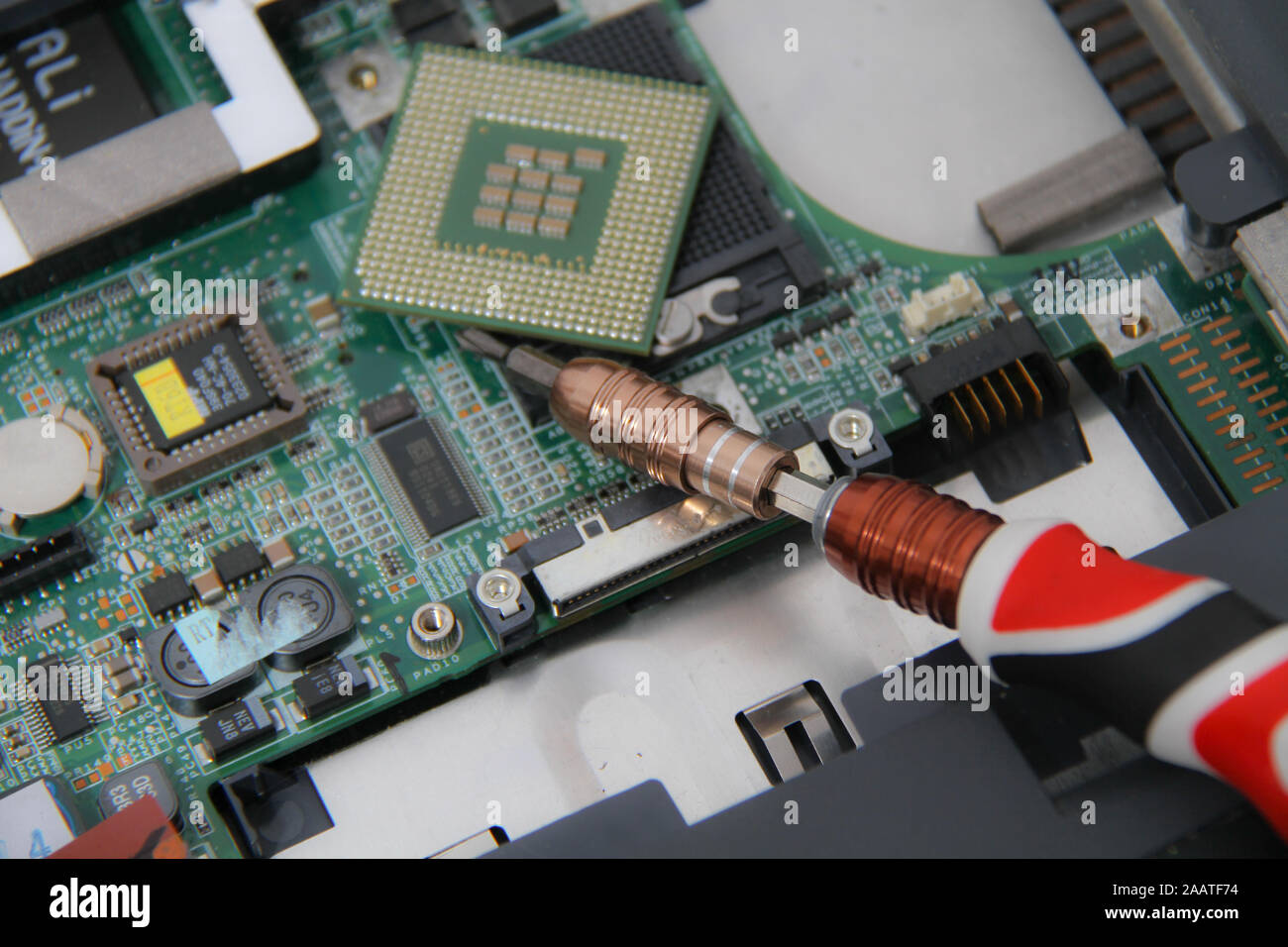 Computer repair concept Close-up view. Computer service. Man repairing ...