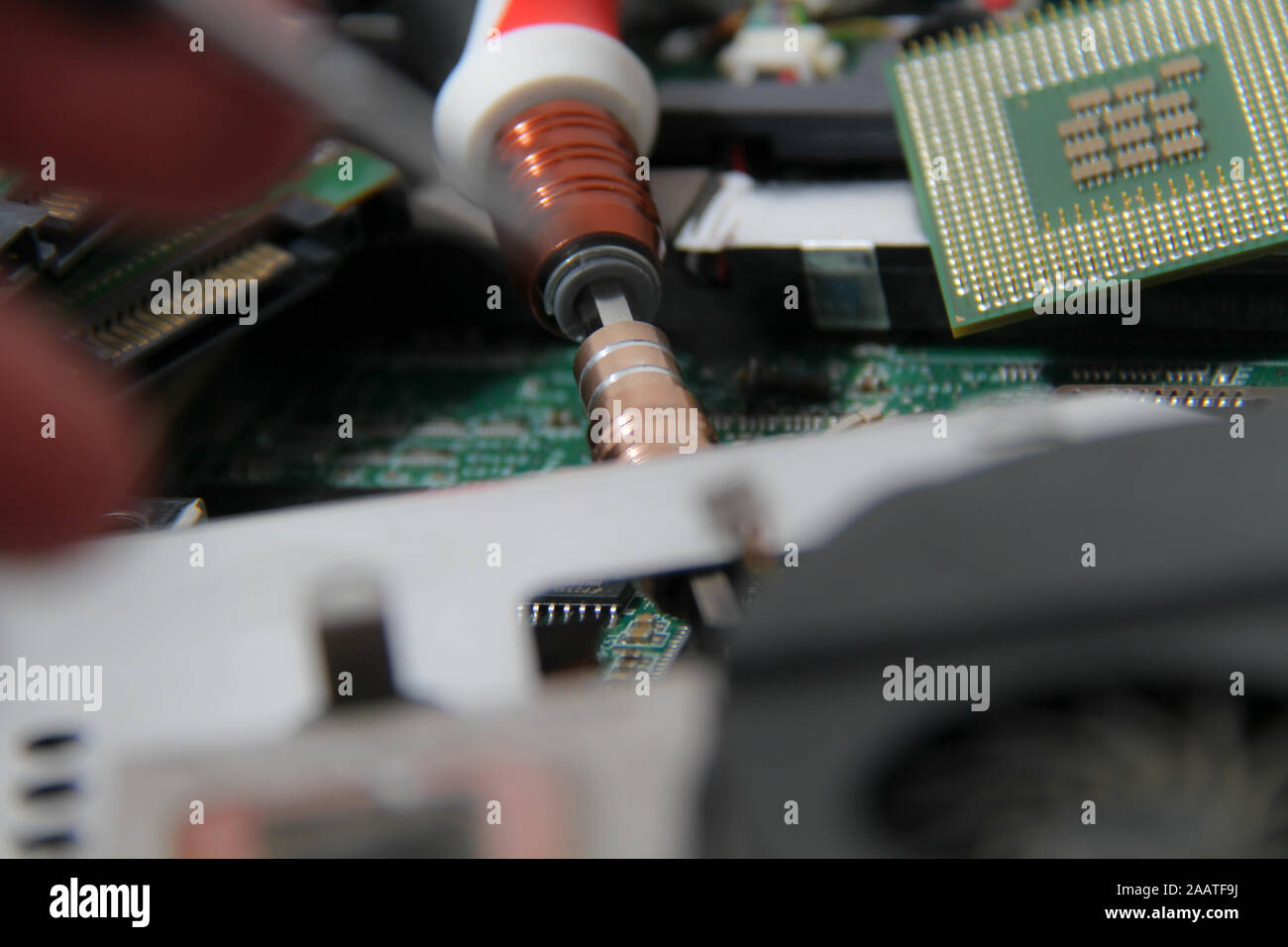 Computer repair concept Close-up view. Computer service. Man repairing ...