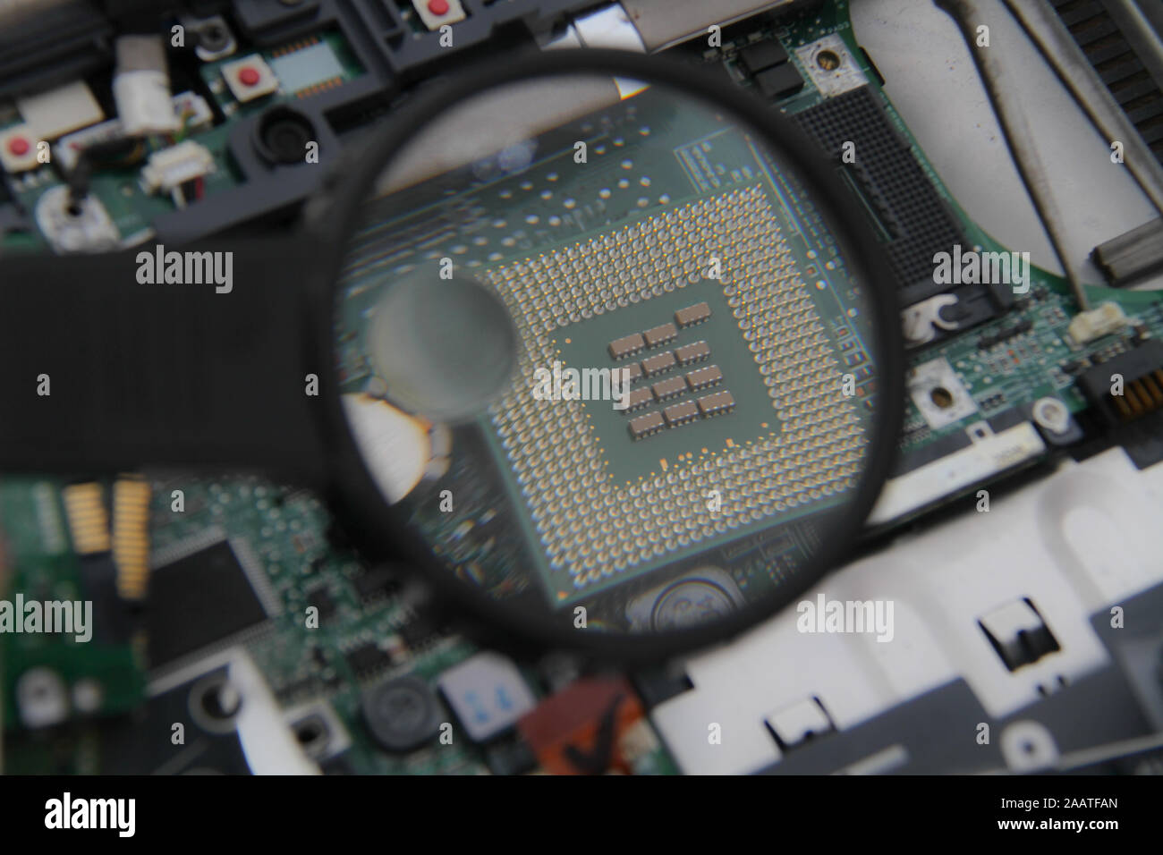 Computer repair concept Close-up view. Computer service. Man repairing ...