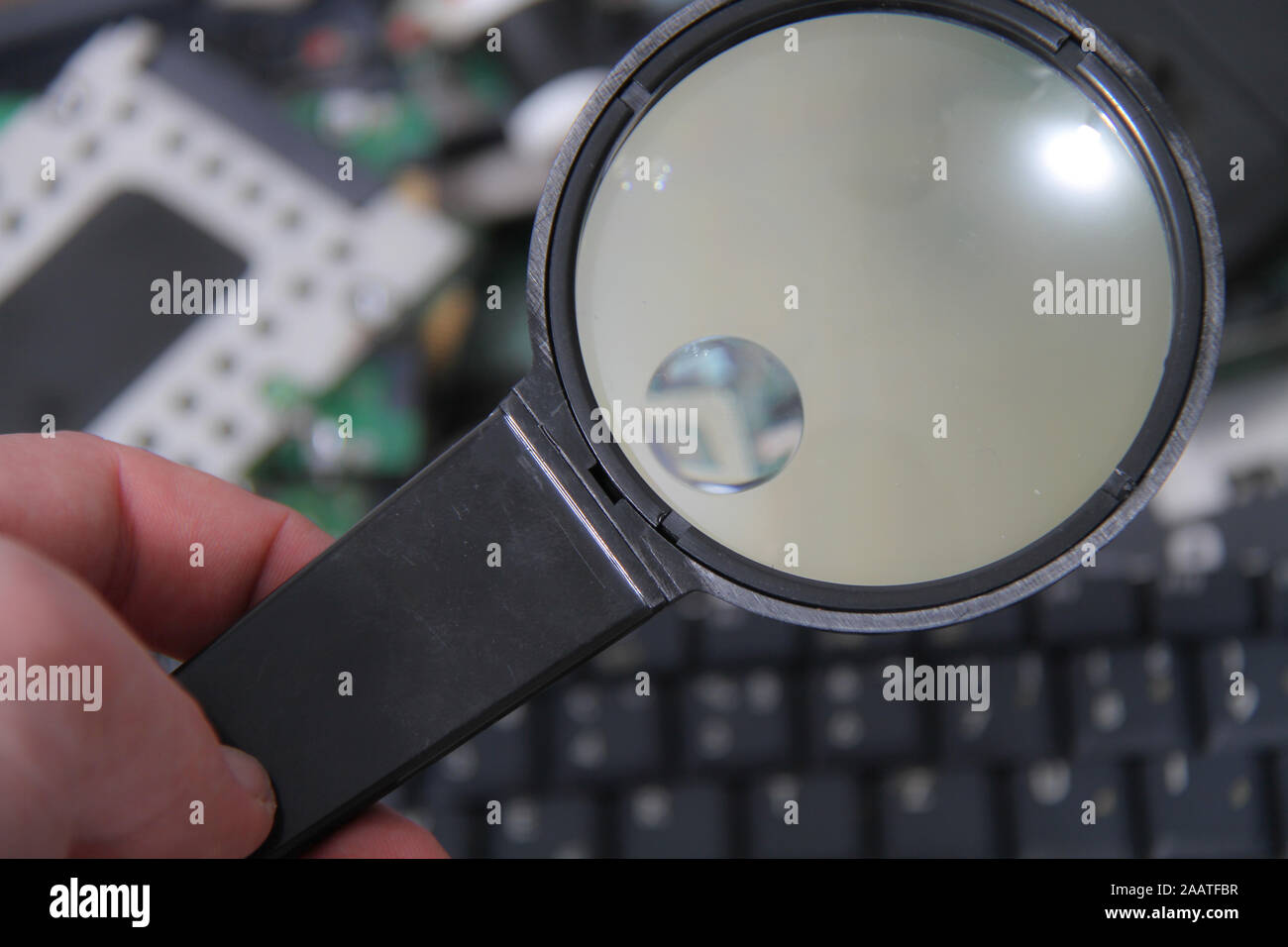 Computer repair concept Close-up view. Computer service. Man repairing ...