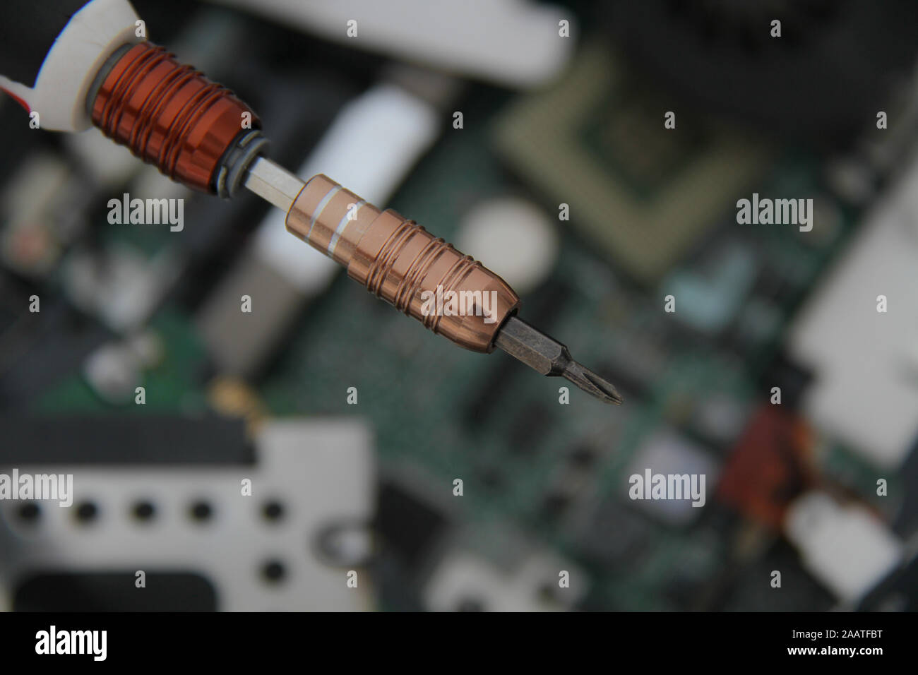 Computer repair concept Close-up view. Computer service. Man repairing ...