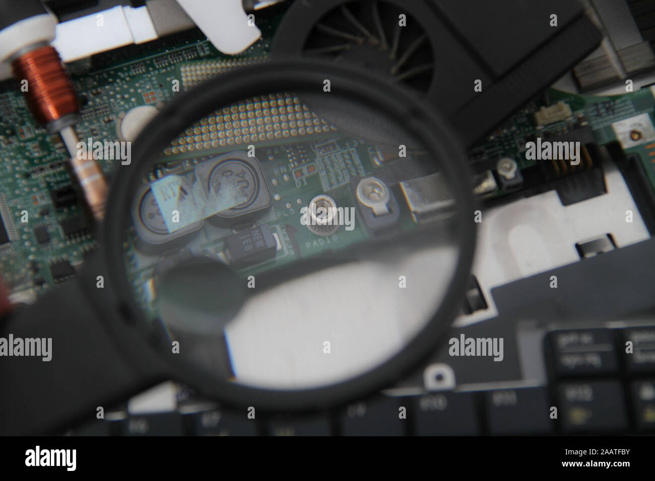 Computer repair concept Close-up view. Computer service. Man repairing ...