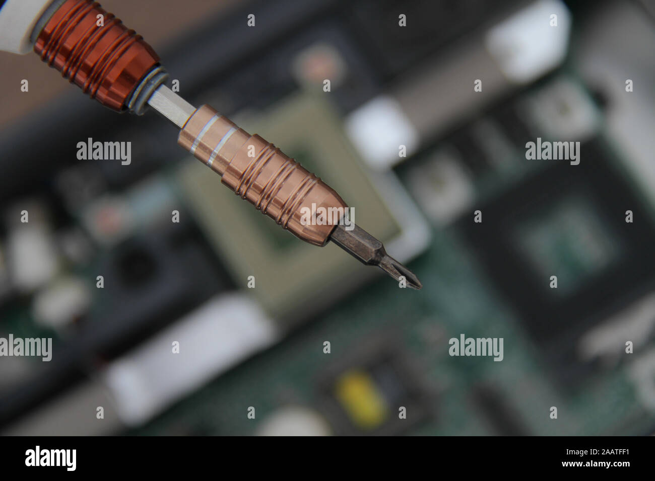 Computer repair concept Close-up view. Computer service. Man repairing ...