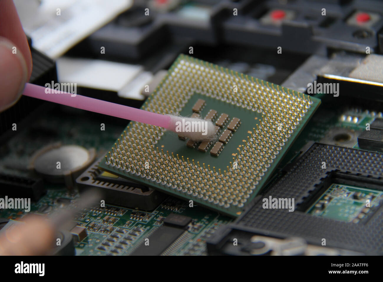 Computer repair concept Close-up view. Computer service. Man repairing ...