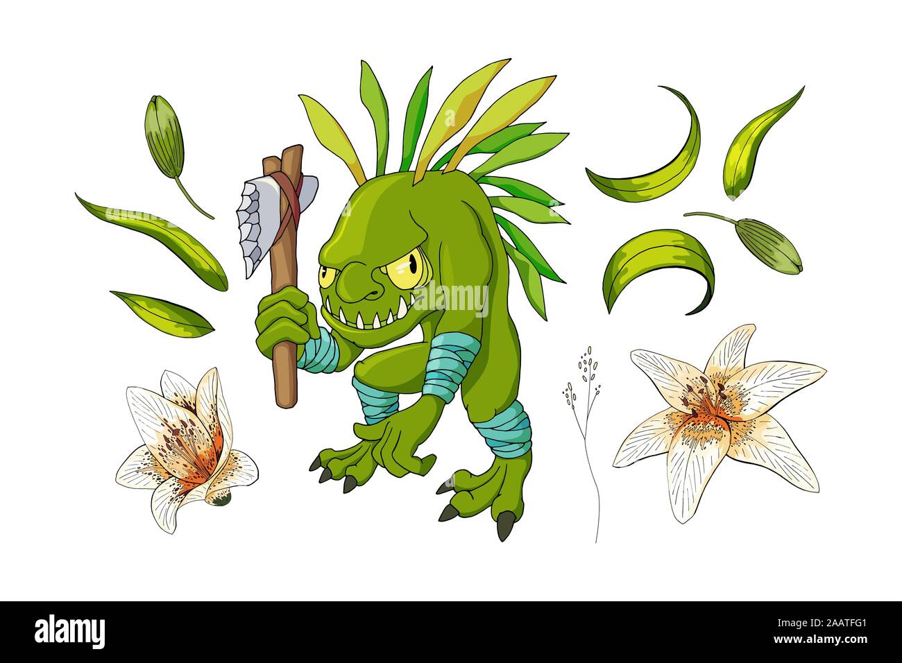 Cartoon angry toothed sea creature character with floral environment ...