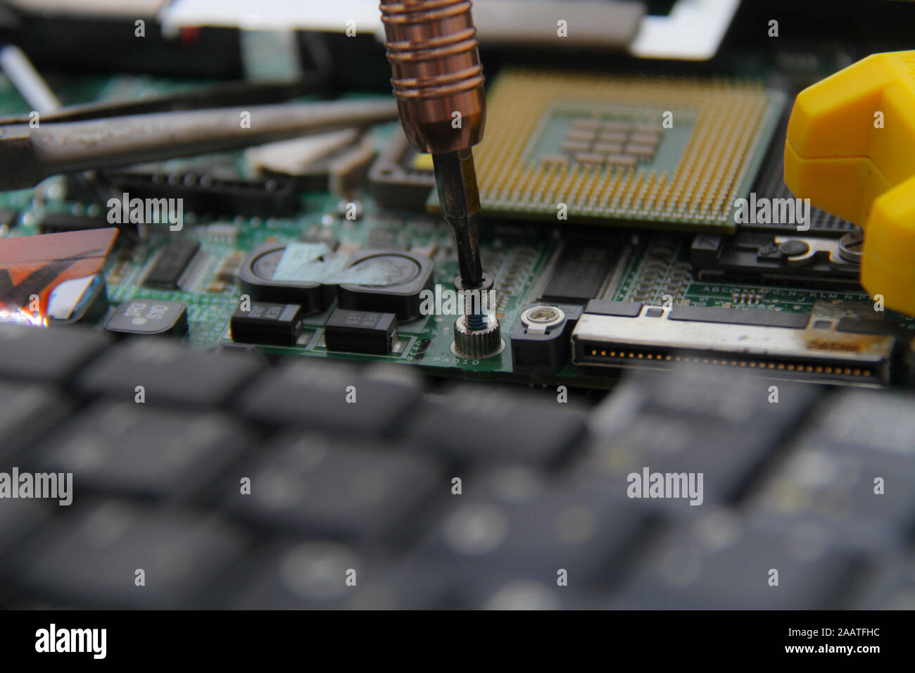 Computer repair concept Close-up view. Computer service. Man repairing ...