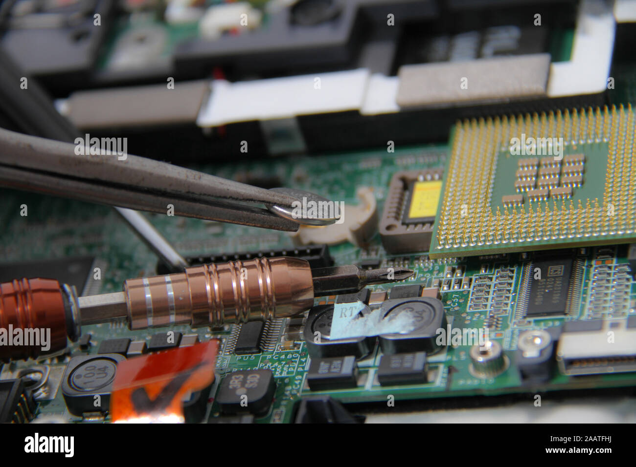 Computer repair concept Close-up view. Computer service. Man repairing ...