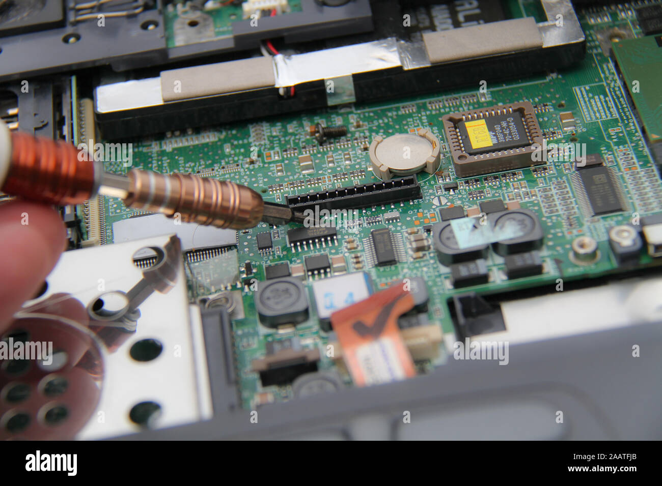 Computer repair concept Close-up view. Computer service. Man repairing ...