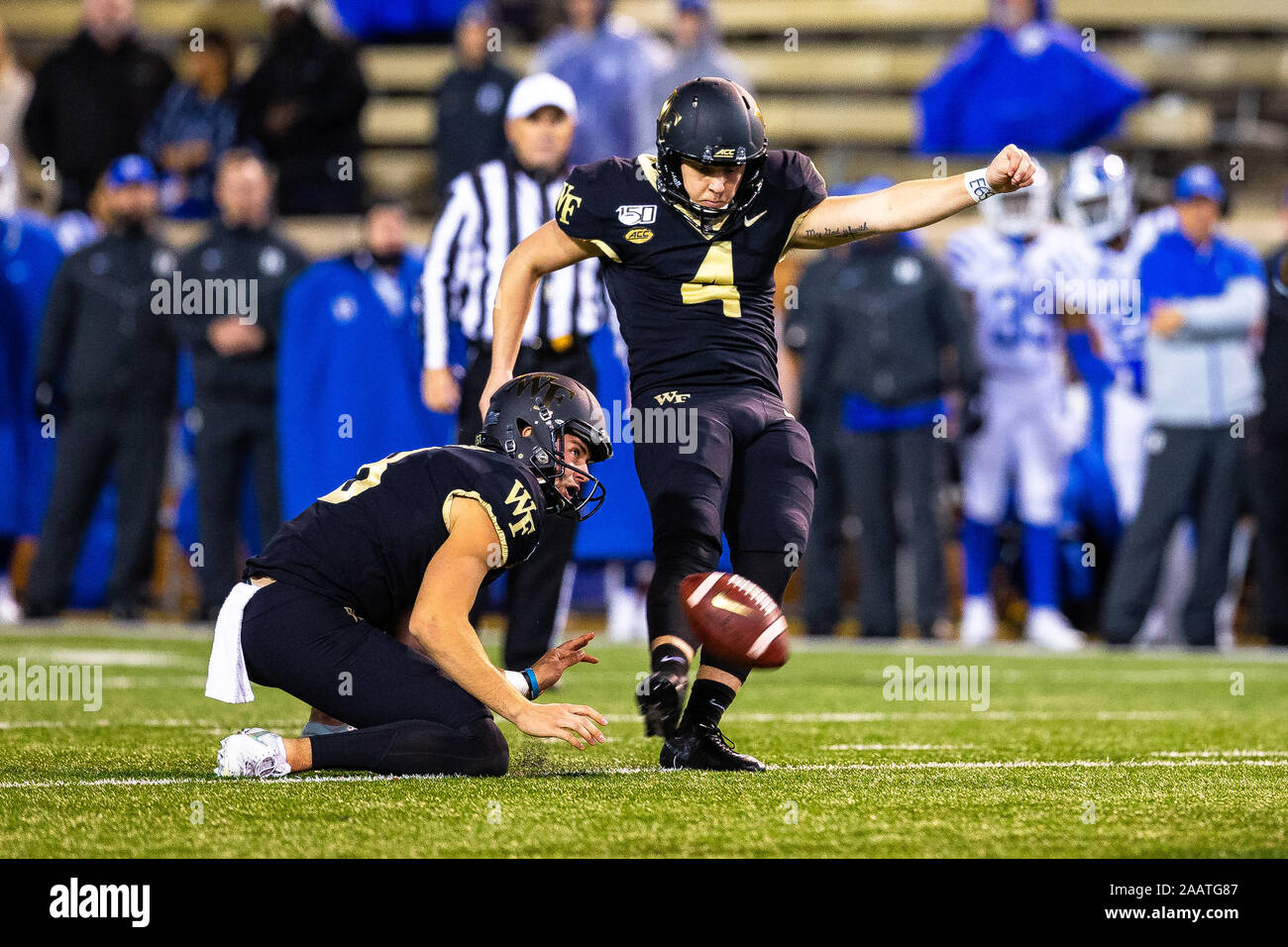 Winston-Salem, NC, USA. 23rd Nov, 2019. Wake Forest Demon Deacons place kicker Nick Sciba (4 ...