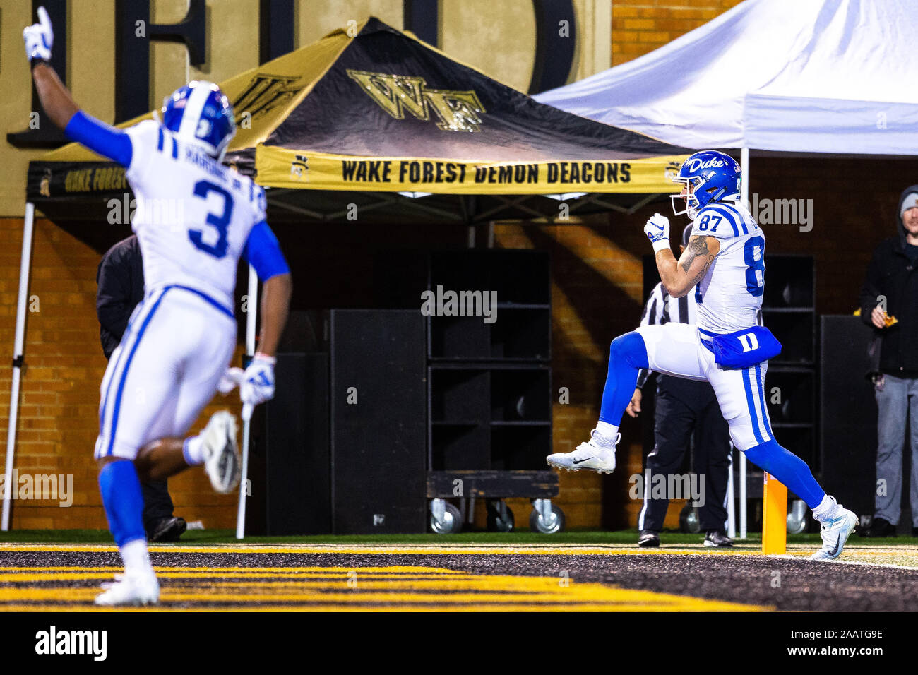 Winston-Salem, NC, USA. 23rd Nov, 2019. Duke Blue Devils tight end Noah ...