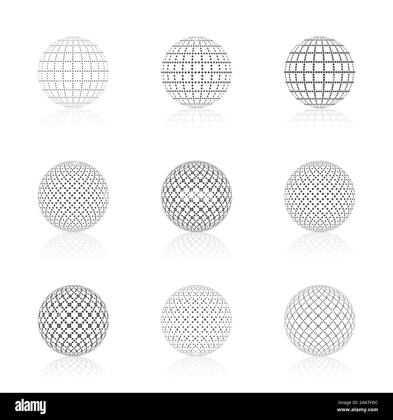 Set black sphere with halftone fill and mirror reflection, isolated on ...