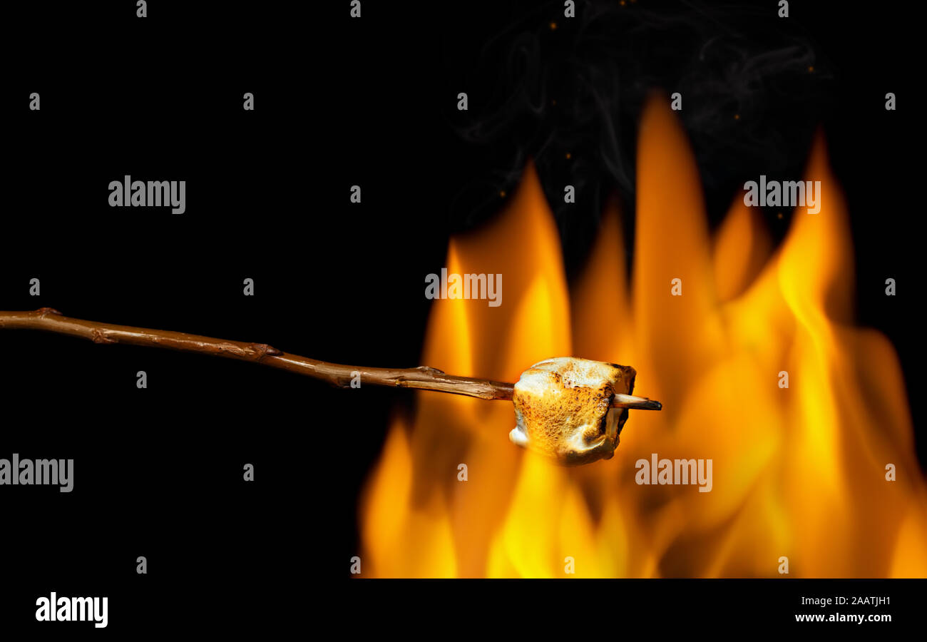 marshmallow on wooden stick roasting over fire flames Stock Photo - Alamy