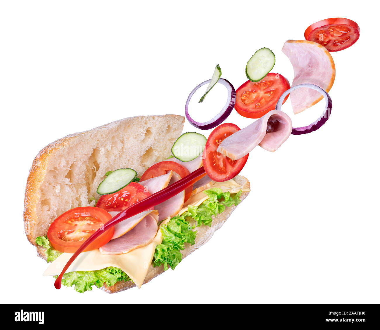 sandwich with falling in ciabatta bread ham and splashing ketchup. Fast ...