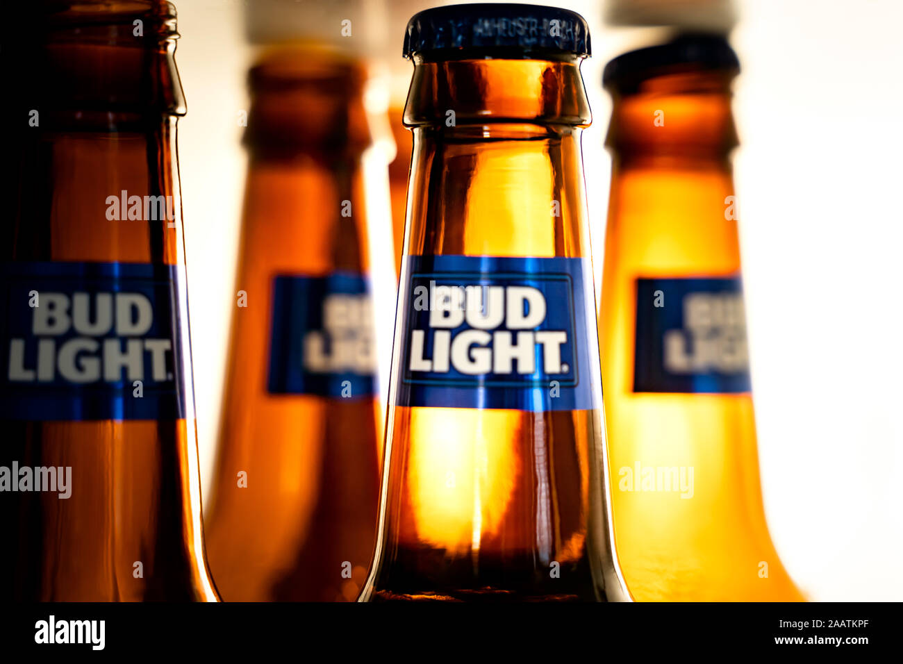 Marinette,WI / U.S.A. - Aug16,2019: Cold bottles of Bud Light Beer with ...