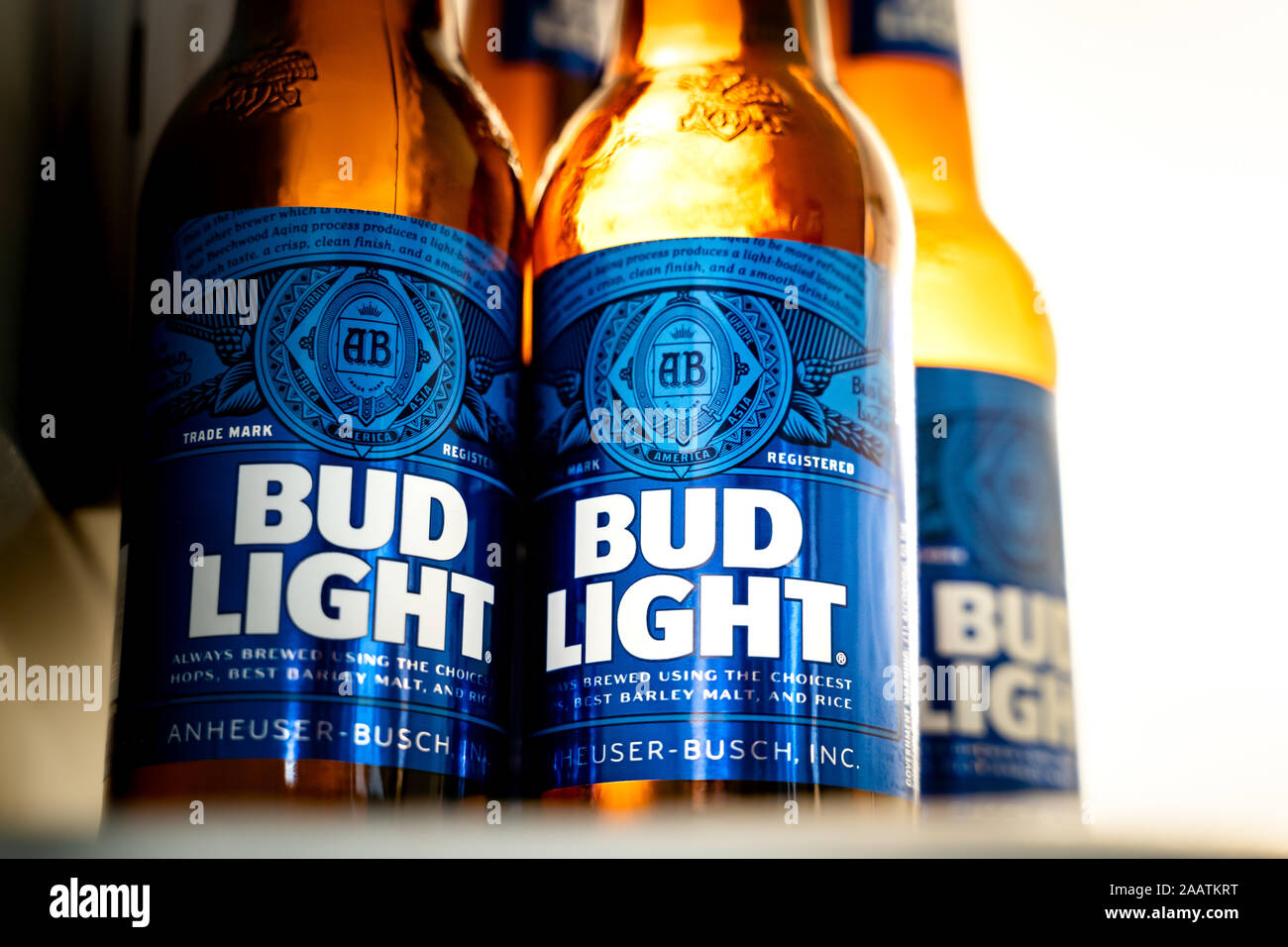 Marinette,WI / U.S.A. - Aug16,2019: Cold bottles of Bud Light Beer with ...