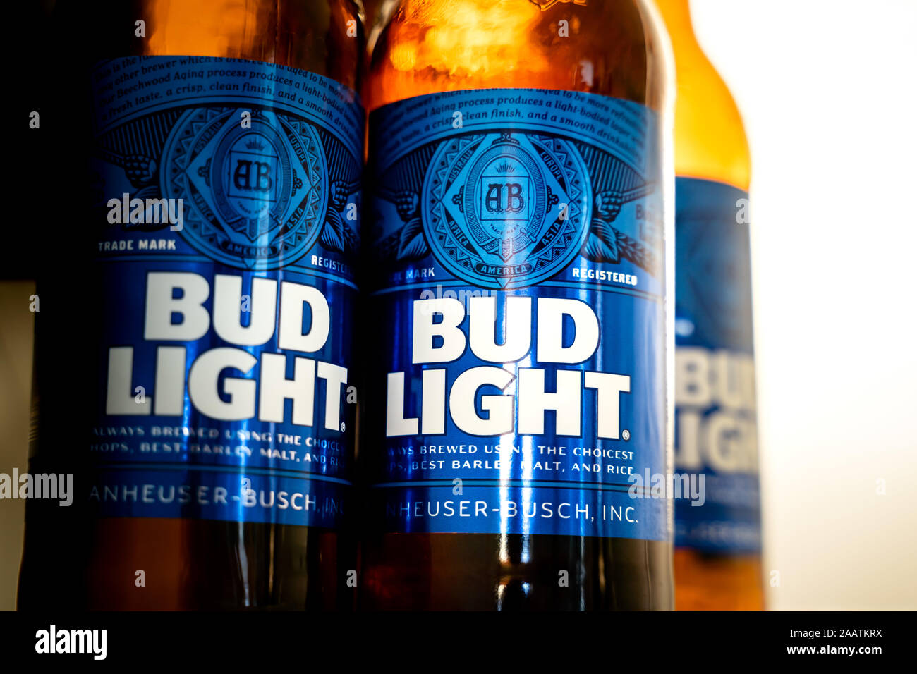 Marinette,WI / U.S.A. - Aug16,2019: Cold bottles of Bud Light Beer with ...