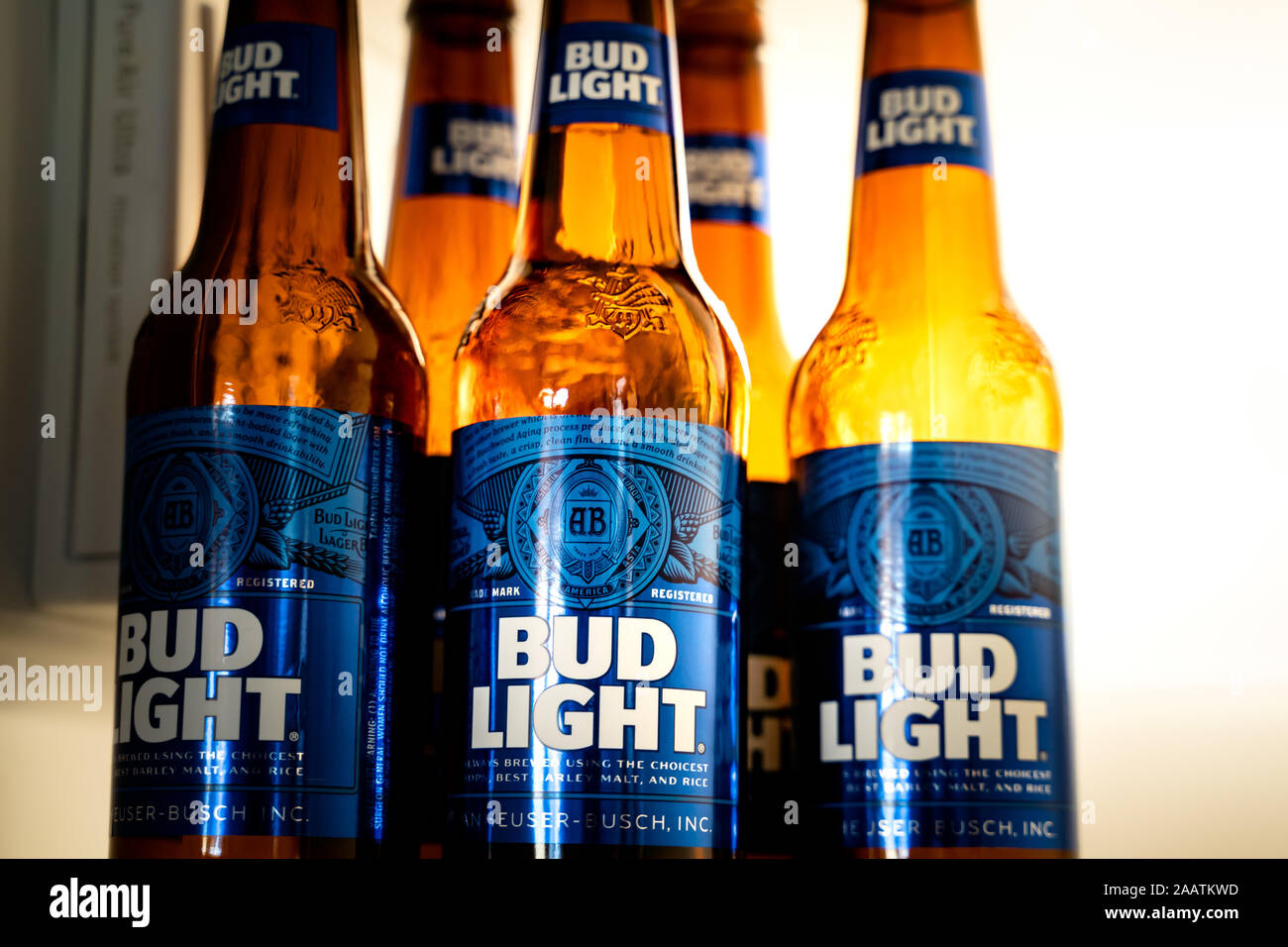 Marinette,WI / U.S.A. - Aug16,2019: Cold bottles of Bud Light Beer with ...