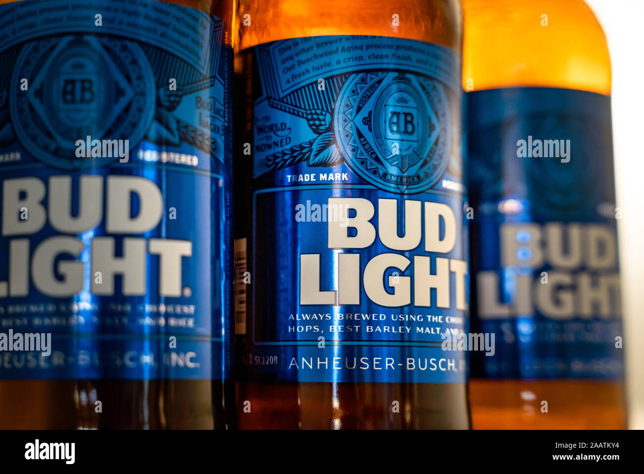 Marinette,WI / U.S.A. - Aug16,2019: Cold bottles of Bud Light Beer with ...