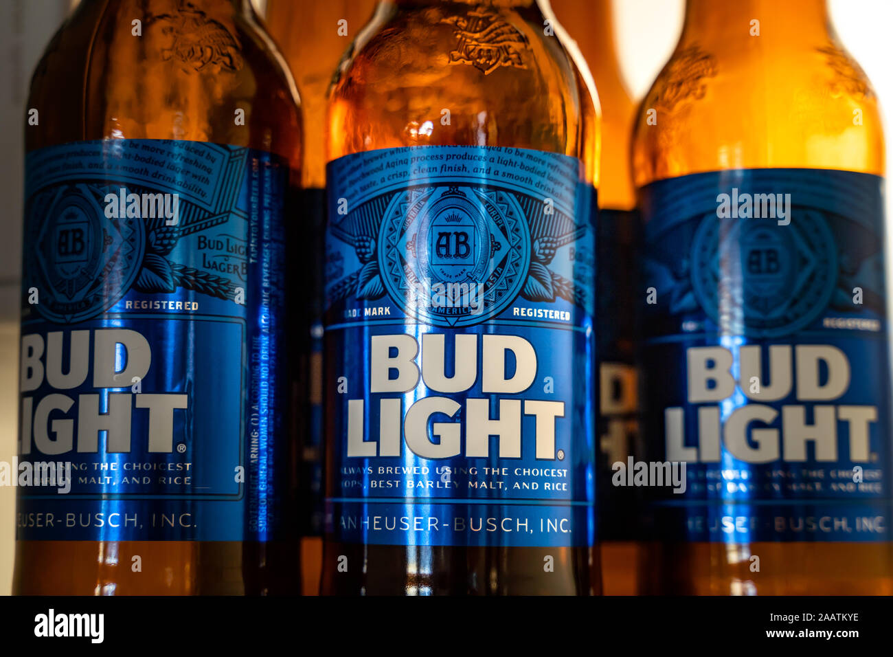 Marinette,WI / U.S.A. - Aug16,2019: Cold bottles of Bud Light Beer with ...