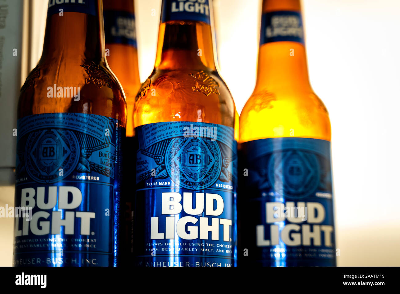 Marinette,WI / U.S.A. - Aug16,2019: Cold bottles of Bud Light Beer with ...