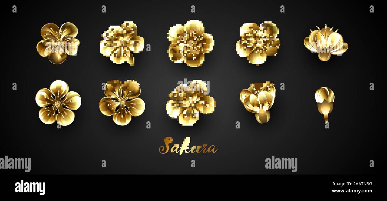 Set of golden sakura flowers. Design of realistic, voluminous, metal ...