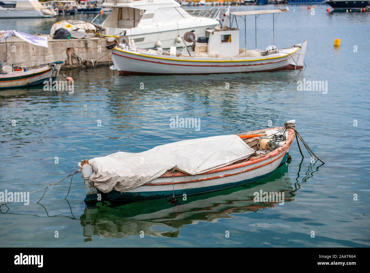 Fishing boats at small harbour in Pachi village. Megara,Greece Stock ...