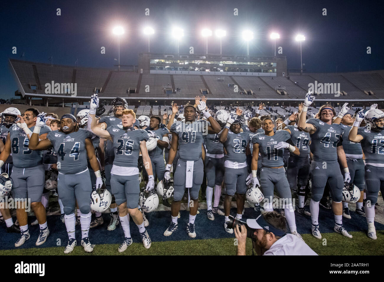 Houston, TX, USA. 23rd Nov, 2019. The Rice Owls celebrate a victory ...