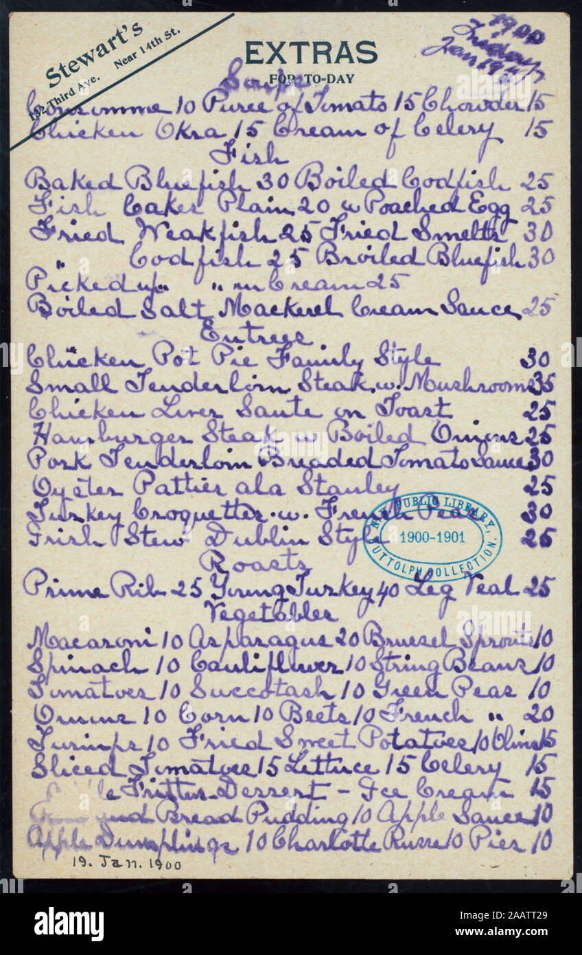 EXTRAS FOR TODAY MENU; (held by) STEWART'S; (at) 132 THIRD AVENUE, NEAR ...