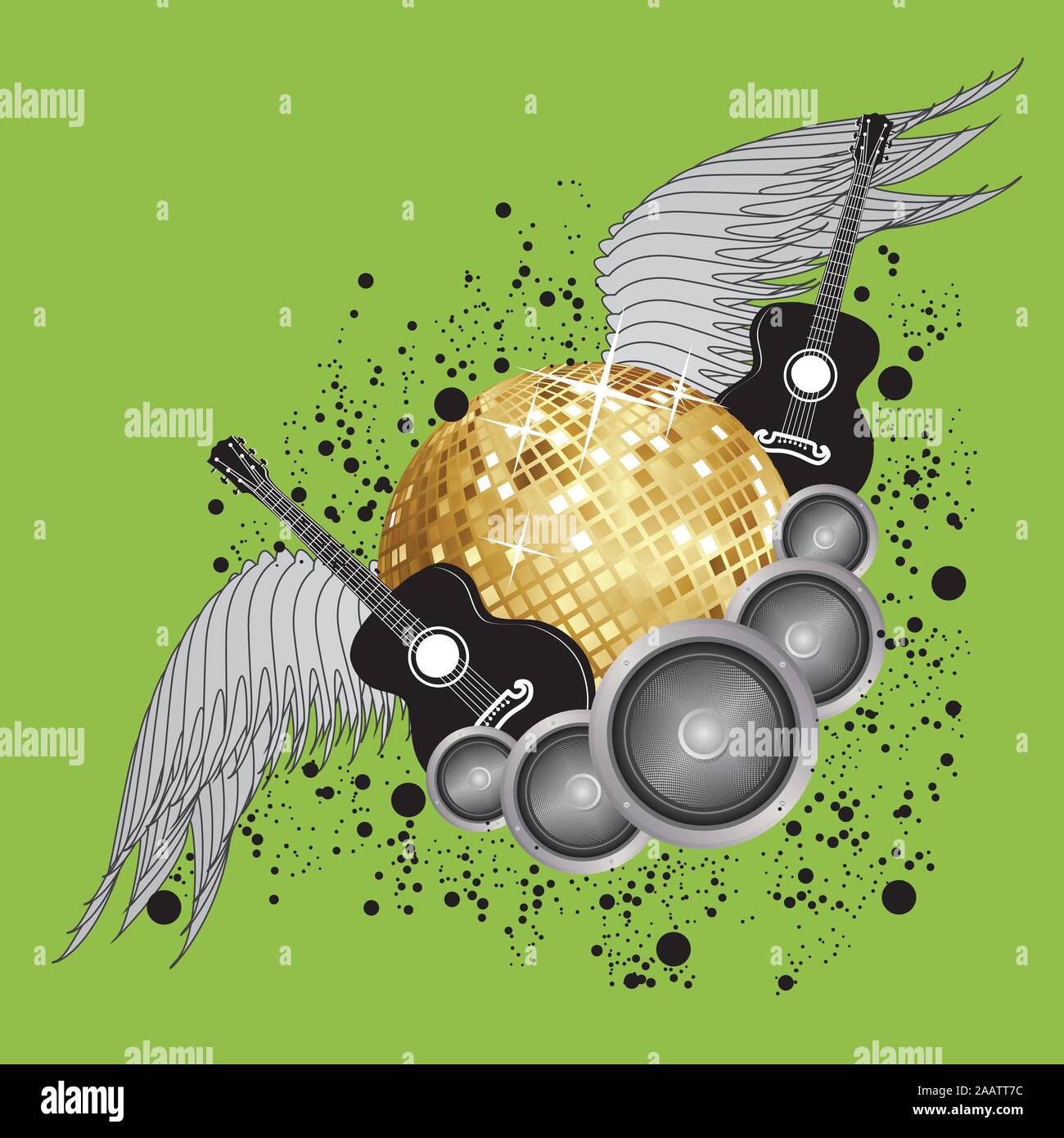 Abstract music background with golden disco ball, speaker and guitar ...