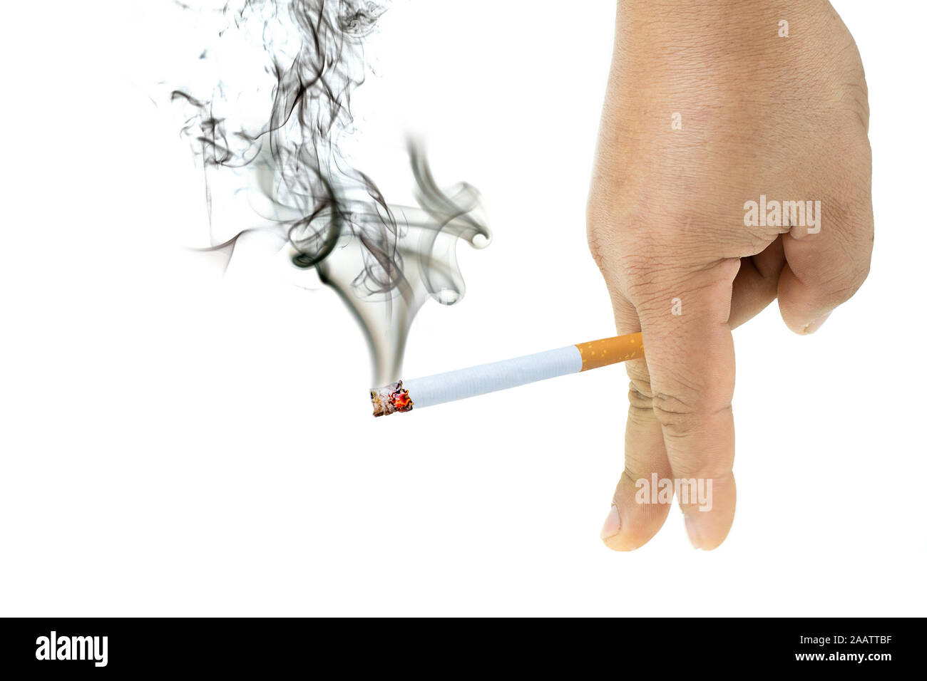 Cigarette burns with smoke in Men's hand at isolated white background ...