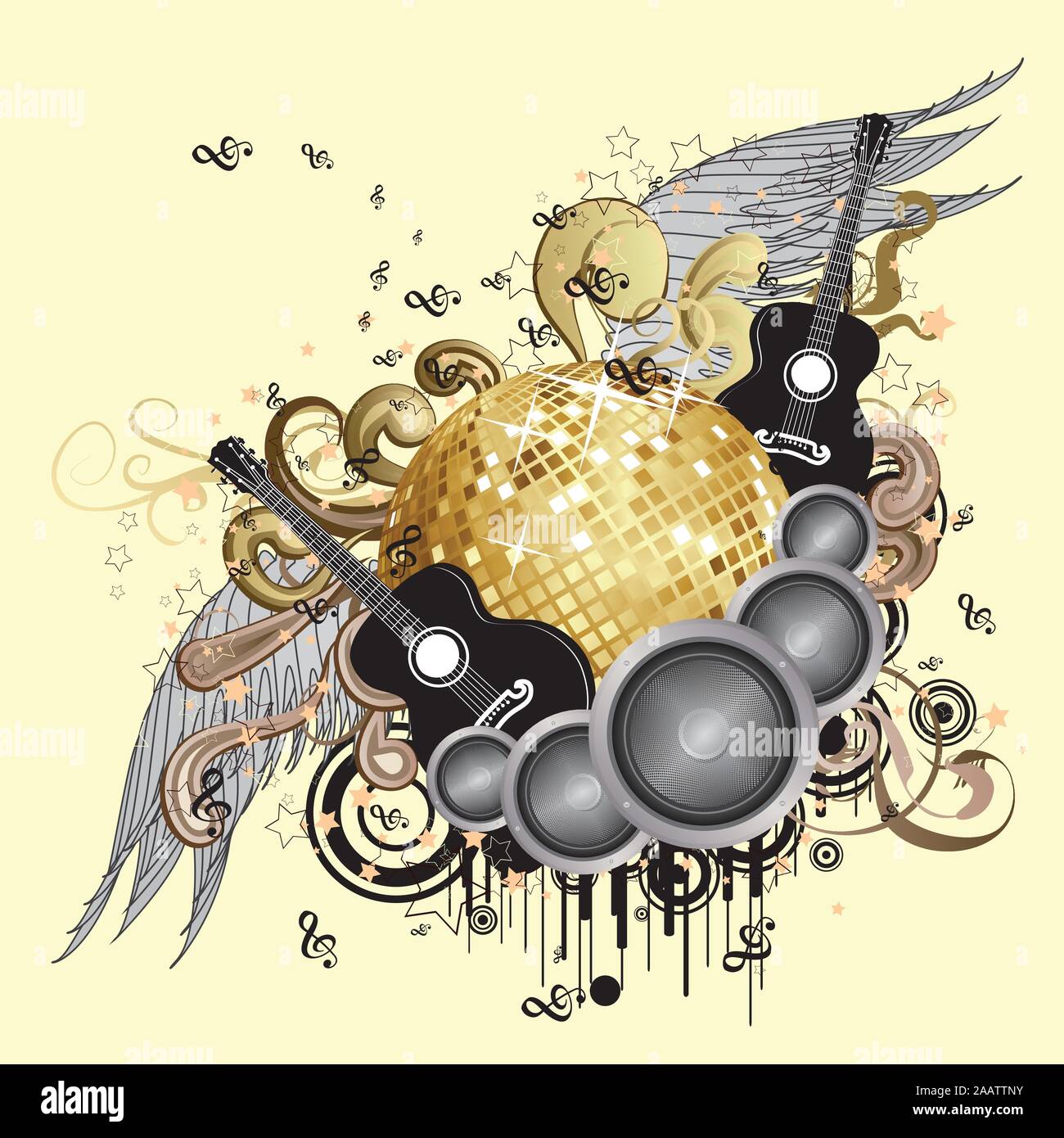 Abstract music background with golden disco ball, speaker and guitar ...