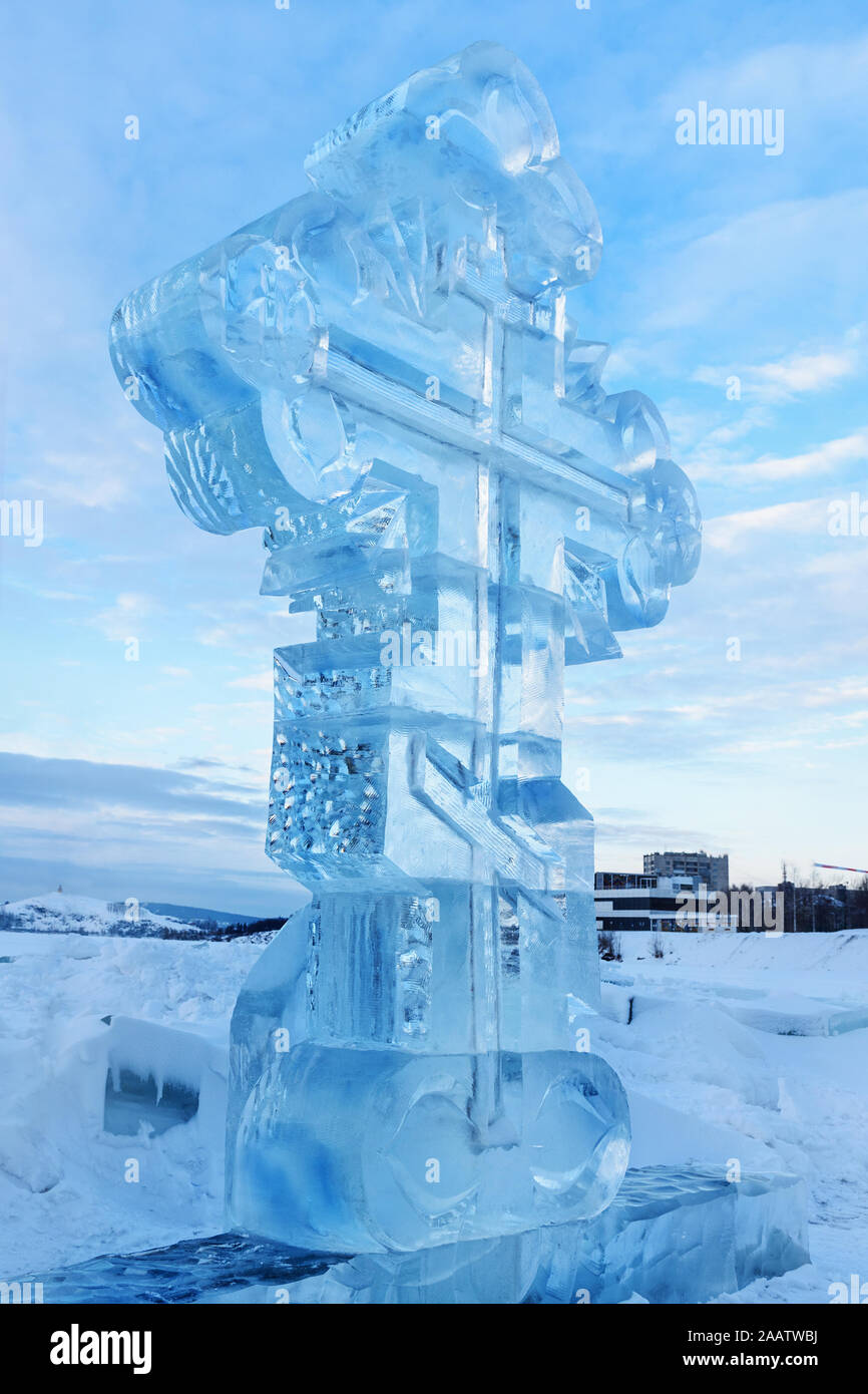 Ice cross in winter. Epiphany Orthodox holiday on a place of ice-hole ...