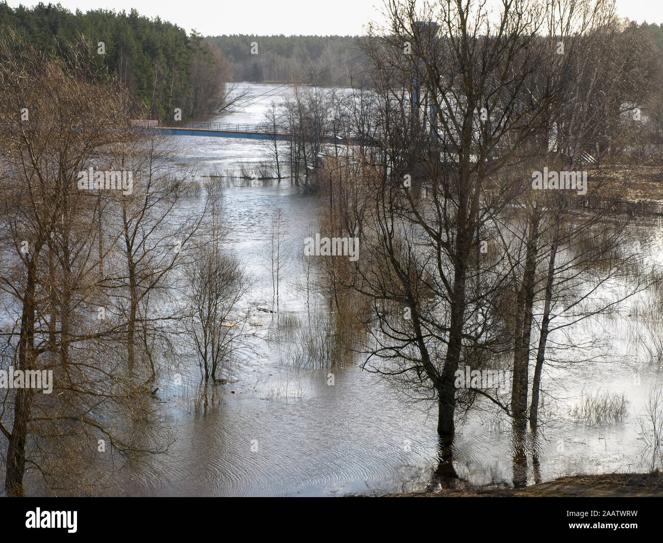 misty spring landscape with flooded river, view from above over the ...