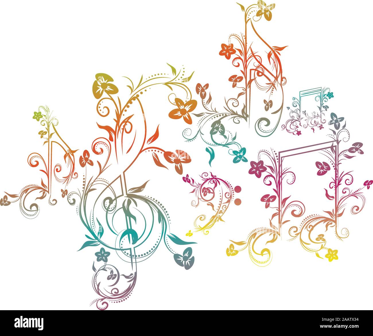 Set of music notes with floral elements on white background Stock ...