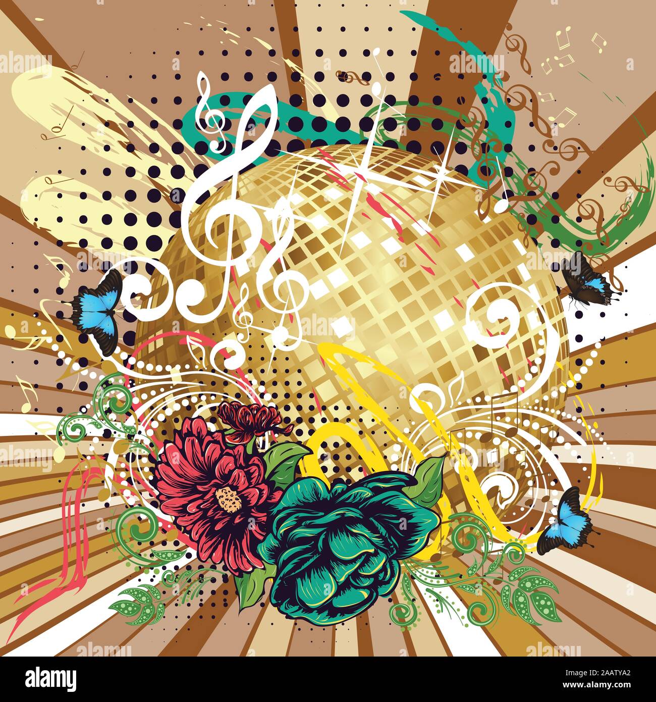 Grunge music design with golden disco ball and floral Stock Vector ...