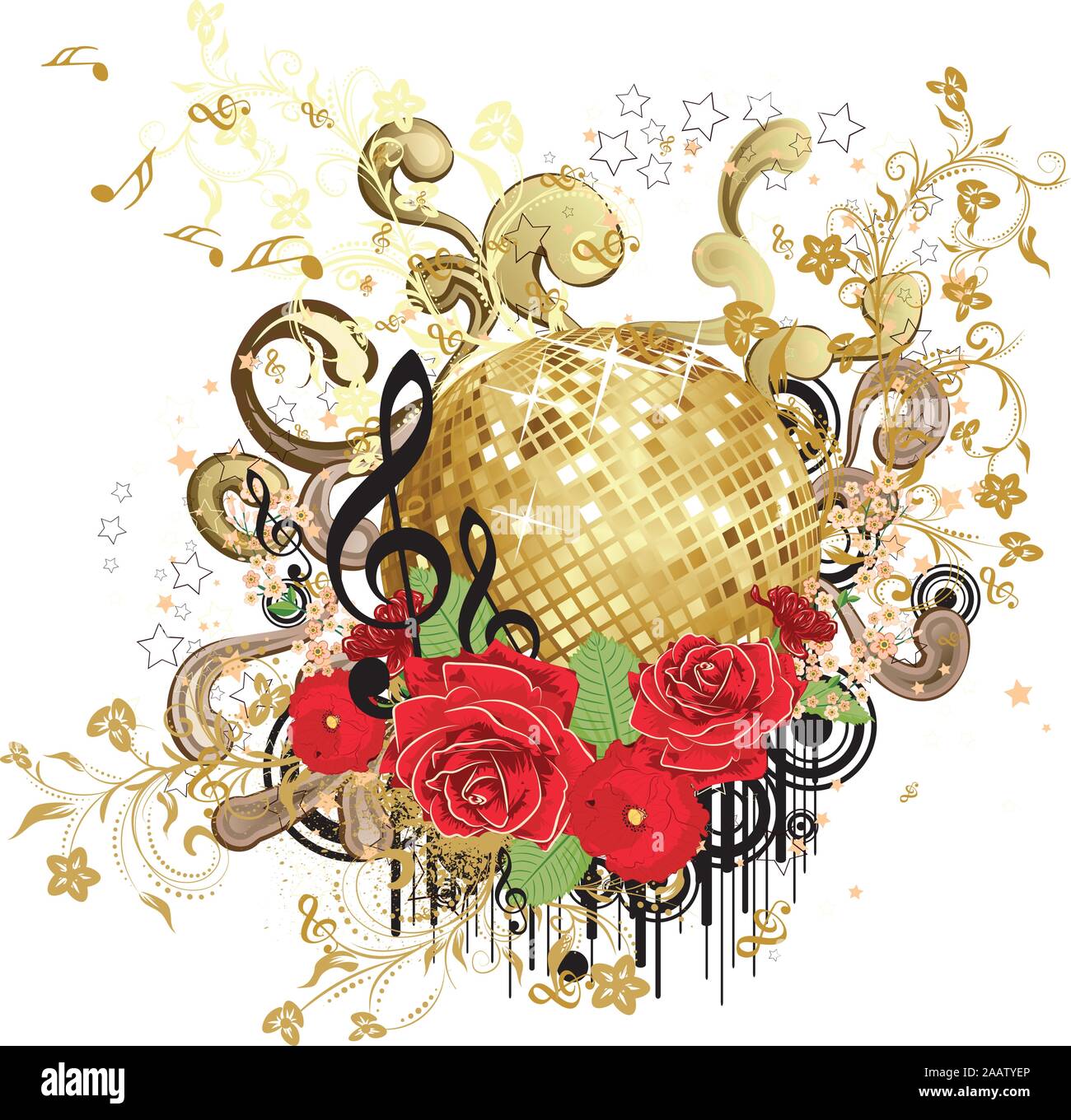 Grunge music design with golden disco ball and floral Stock Vector ...