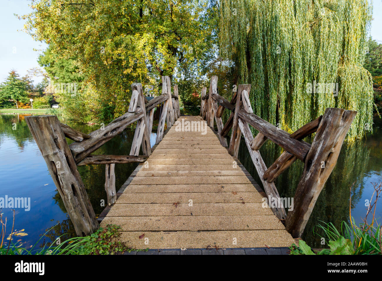 Wooden Bridge Over Water leading to trees Stock Photo - Alamy