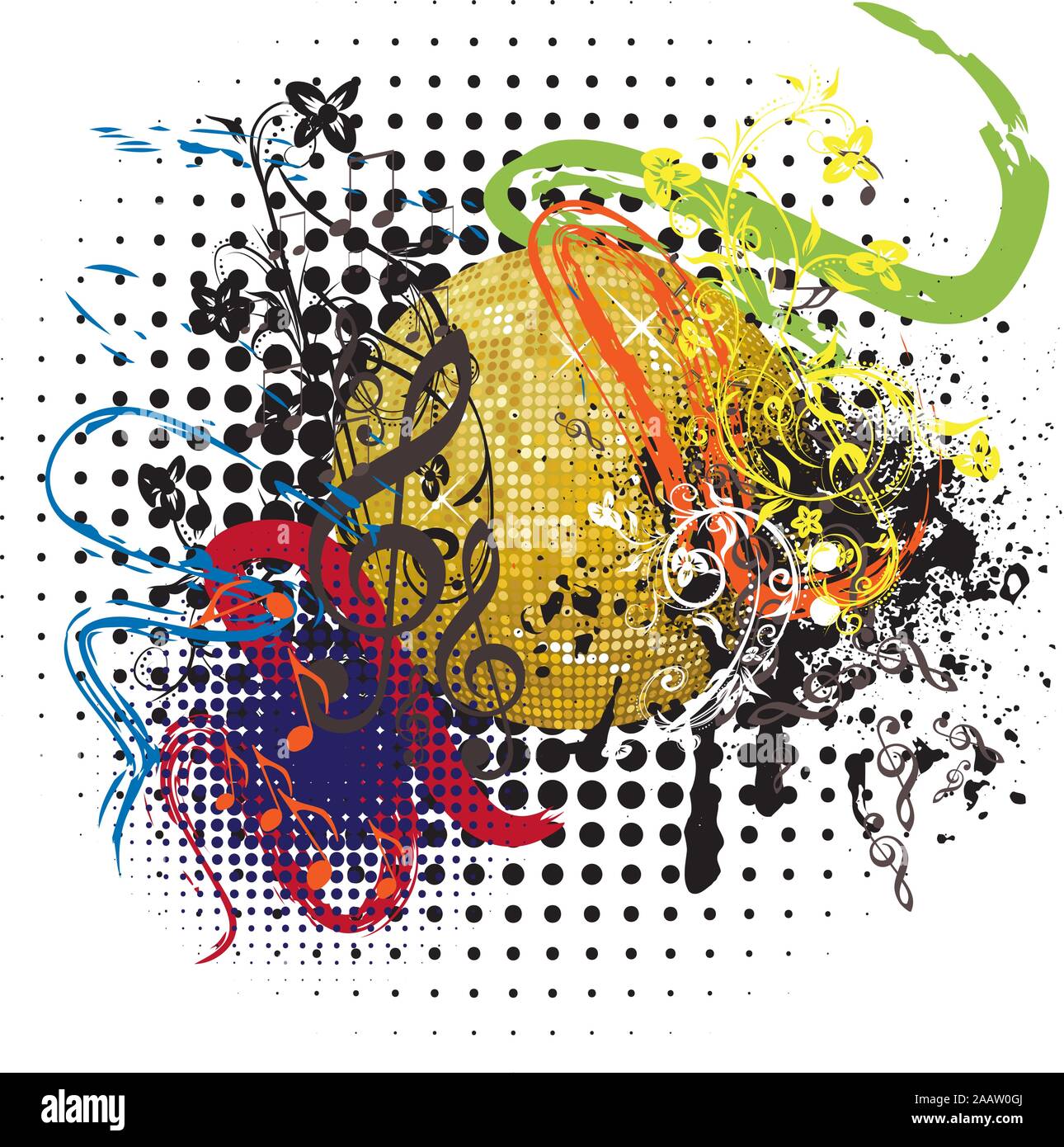 Grunge music design with golden disco ball and floral Stock Vector ...