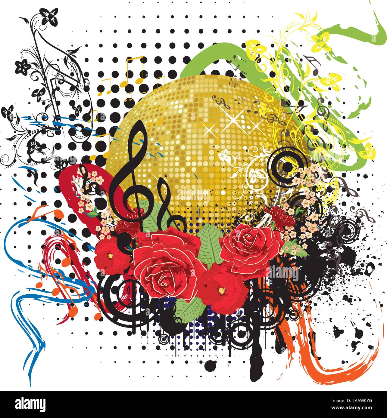 Grunge music design with golden disco ball and floral Stock Vector ...