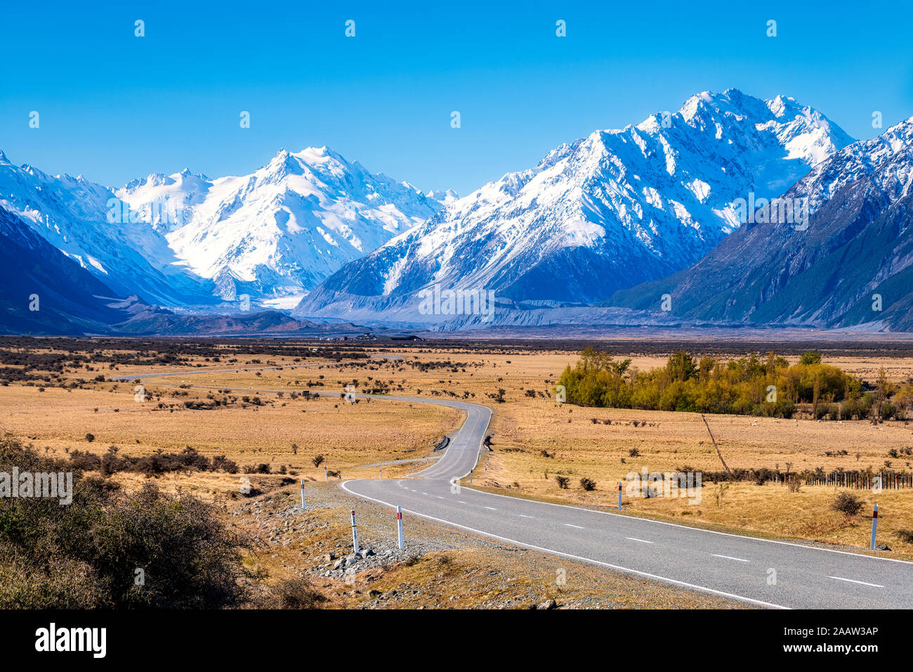 New Zealand, South Island, Starlight Highway towards snowcapped mountains Stock Photo - Alamy
